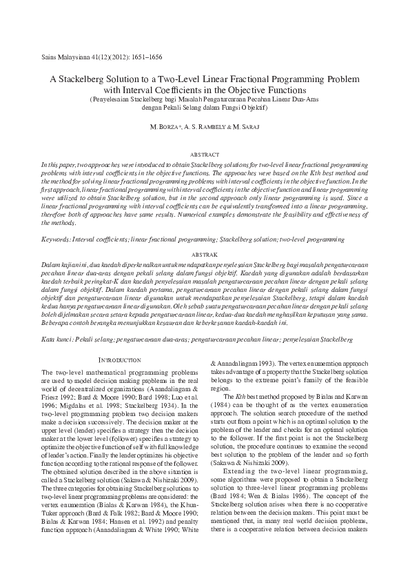 Pdf Stackelberg Solution For Two Level Linear Fractional Programming Problem With Interval