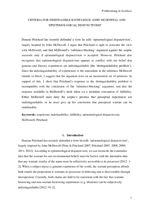 (DOC) CRITERIA FOR INDEFEASIBLE KNOWLEDGE: JOHN MCDOWELL AND ...