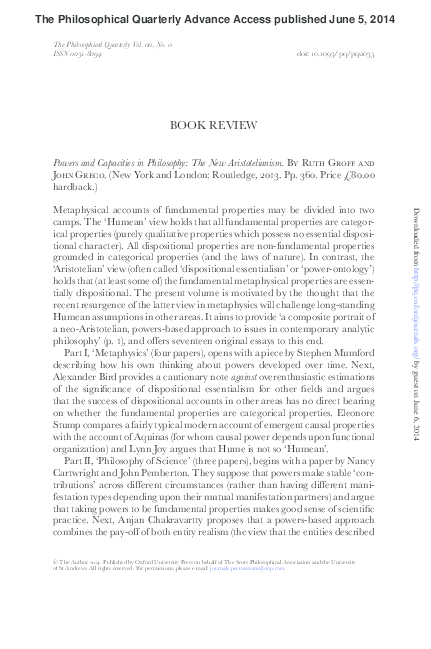 (PDF) 'Review: Ruth Groff & John Greco (eds.), Powers and Capacities in ...