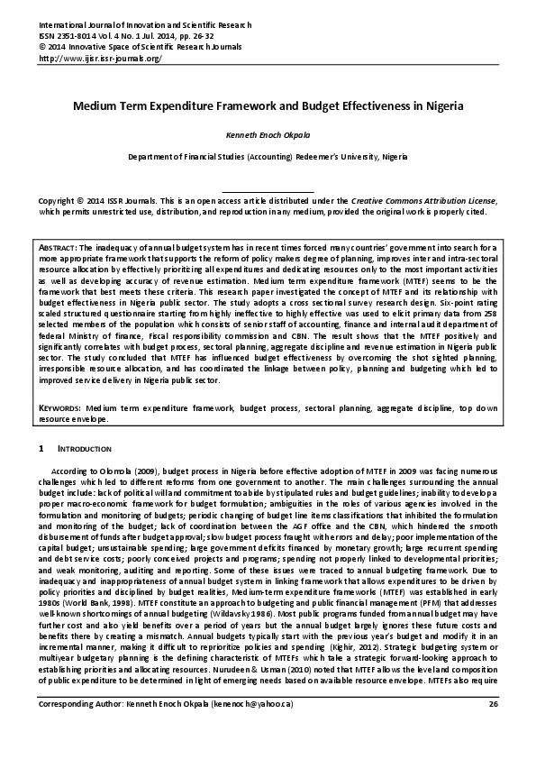 (PDF) Medium Term Expenditure Framework and Budget Effectiveness in Nigeria