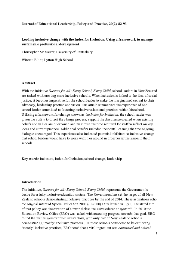 (DOC) Leading inclusive change with the Index for Inclusion: Using a ...