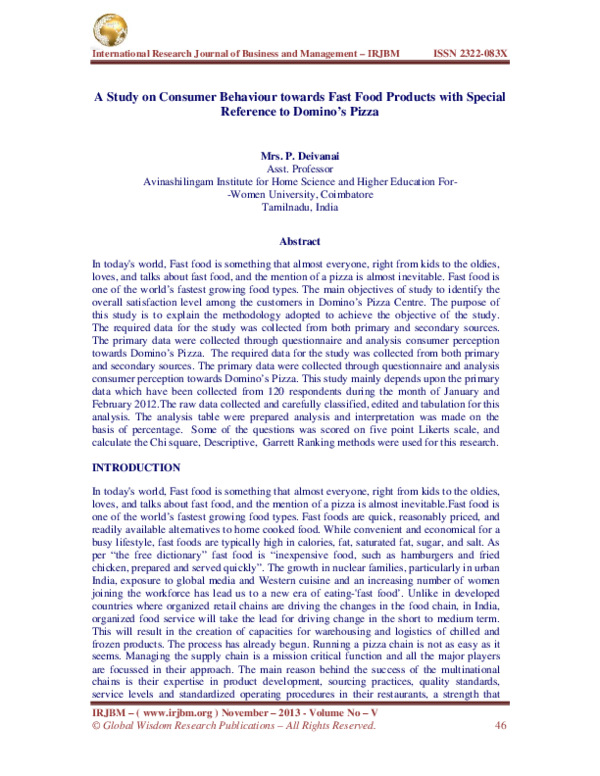 (PDF) A Study on Consumer Behaviour towards Fast Food Products with Special Reference to Domino ...