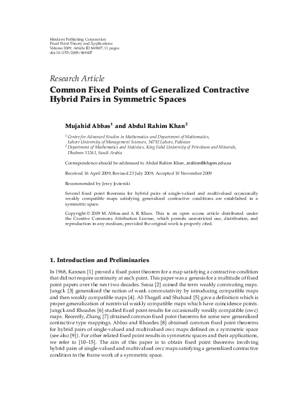 Pdf Common Fixed Points Of Generalized Contractive Hybrid Pairs In Symmetric Spaces