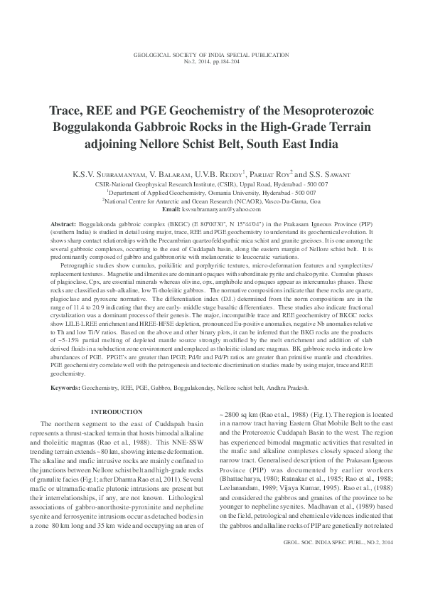 (PDF) Trace, REE and PGE Geochemistry of the Mesoproterozoic Boggulakonda Gabbroic Rocks in the ...
