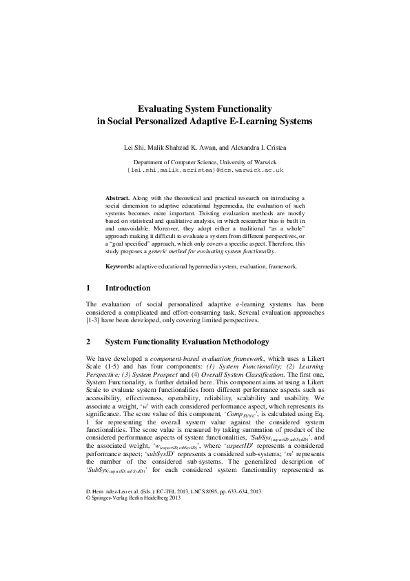 (PDF) Evaluating System Functionality in Social Personalized Adaptive E-Learning Systems