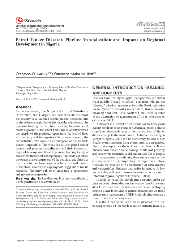 (PDF) Petrol Tanker Disaster, Pipeline Vandalization and Impacts on Regional Development of Nigeria