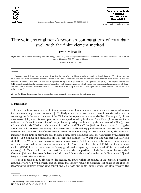 Pdf Three Dimensional Non Newtonian Computations Of Extrudate Swell With The Finite Element Method