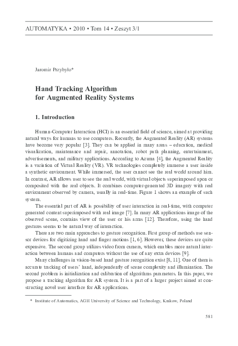 Pdf Automatyka Hand Tracking Algorithm For Augmented Reality Systems