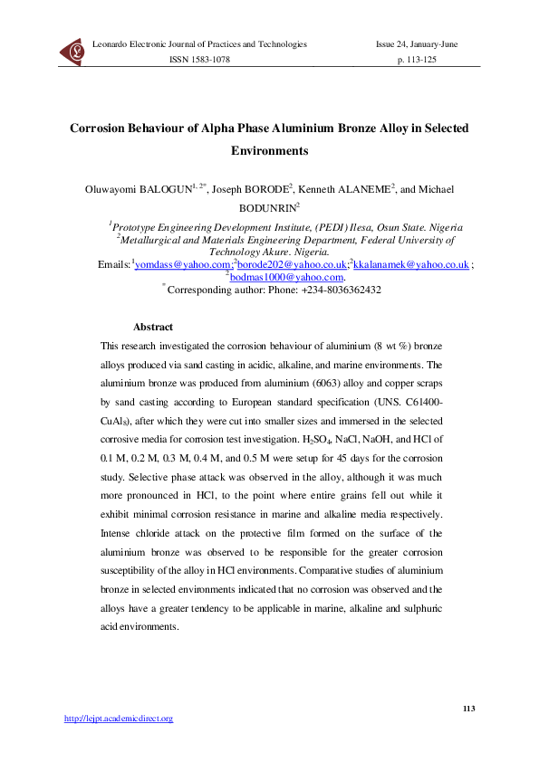 (PDF) Corrosion Behaviour of Alpha Phase Aluminium Bronze Alloy in ...