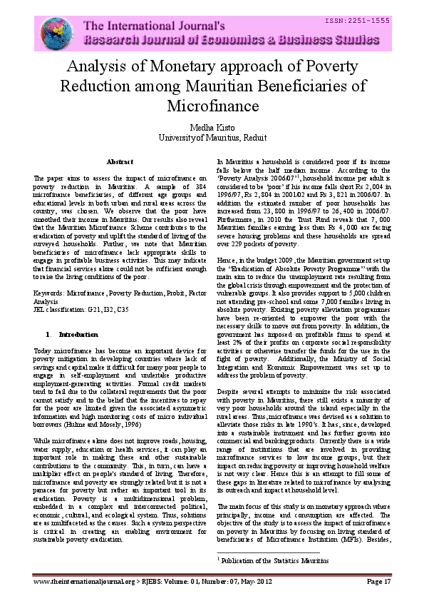 (PDF) Analysis of Monetary approach of Poverty Reduction among Mauritian Beneficiaries of ...
