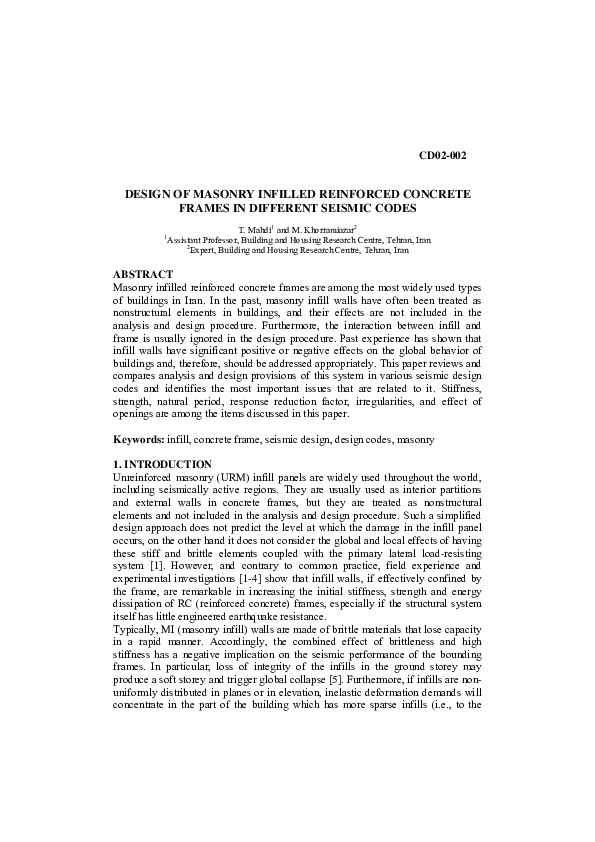 (PDF) Design of Masonry Infilled Reinforced Concrete Frames in Different Seismic Codes