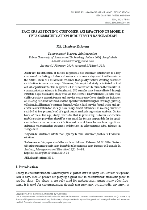 Pdf Factors Affecting Customer Satisfaction In Mobile Telecommunication Industry In Bangladesh