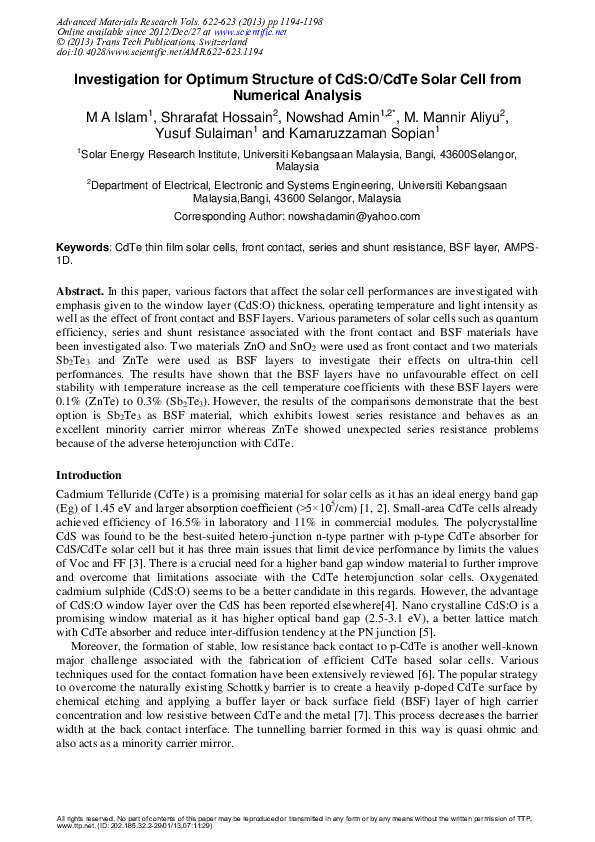(PDF) Investigation for Optimum Structure of CdS:O/CdTe Solar Cell from Numerical Analysis