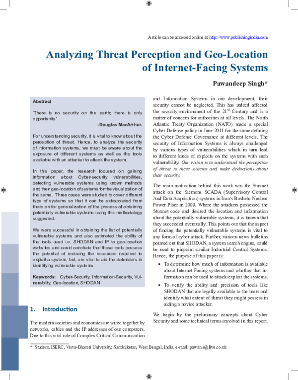 (PDF) Analyzing Threat Perception and Geo-Location of Internet-Facing ...