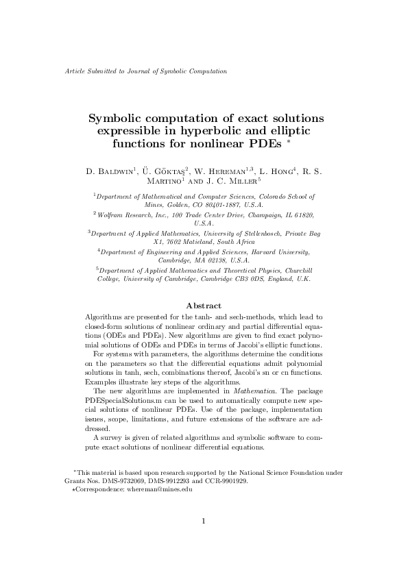 Pdf Symbolic Computation Of Exact Solutions Expressible In Hyperbolic And Elliptic Functions