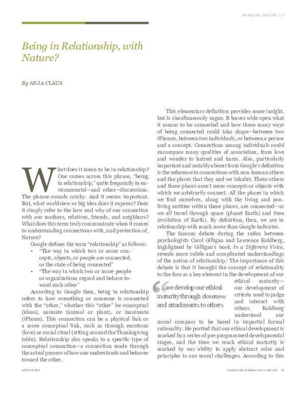 (PDF) Being in Relationship, with Nature?