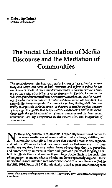 (PDF) Spitulnik, Debra (Vidali). 1996. “The Social Circulation of Media ...