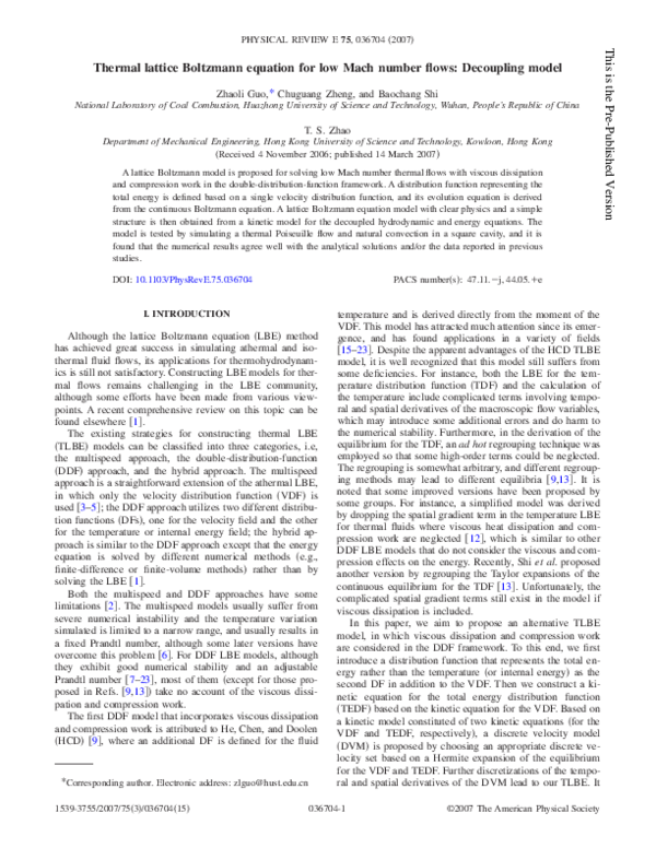 (PDF) Thermal lattice Boltzmann equation for low Mach number flows: Decoupling model