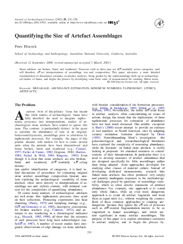 (PDF) Quantifying the Size of Artefact Assemblages