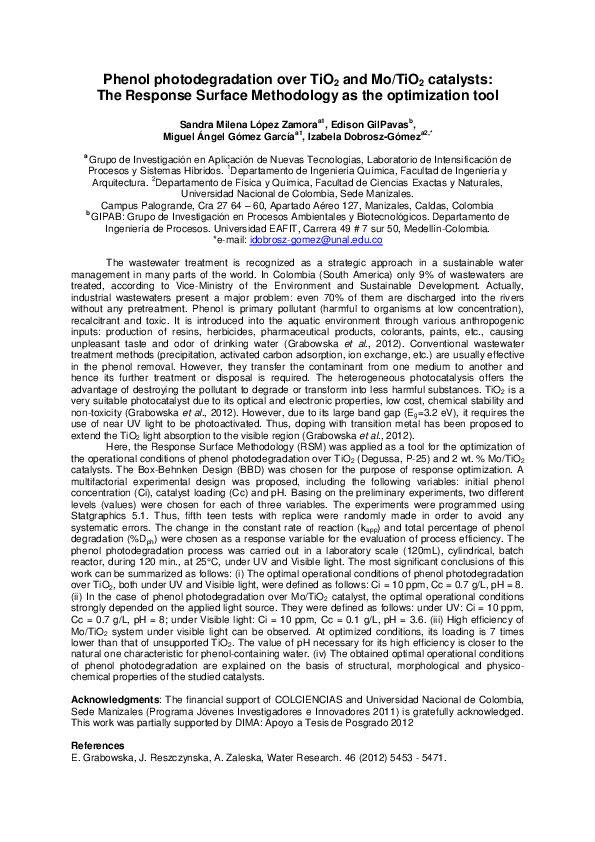 (DOC) Phenol photodegradation over TiO2 and Mo/TiO2 catalysts: The ...
