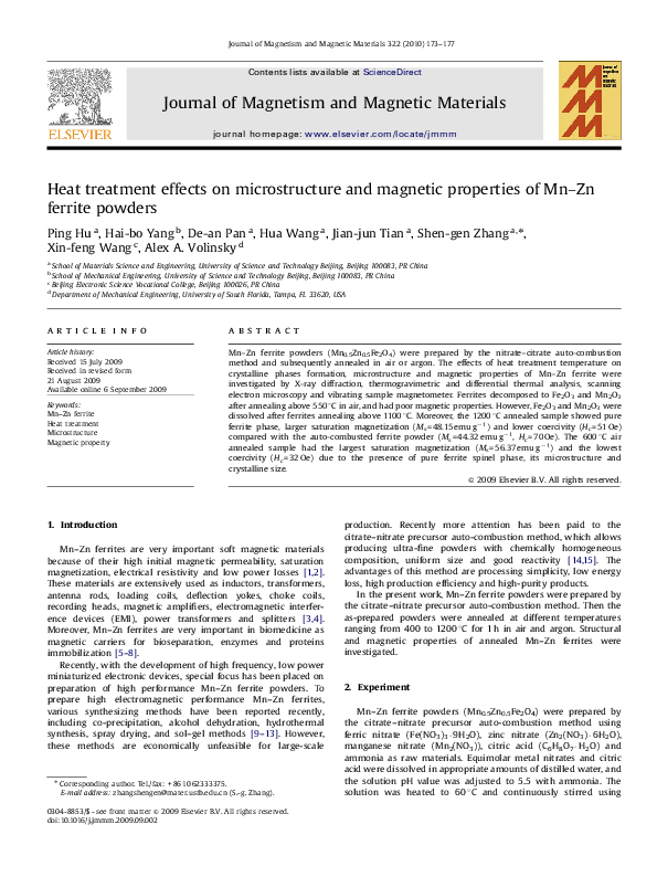 (PDF) Heat treatment effects on microstructure and magnetic properties of Mn–Zn ferrite powders