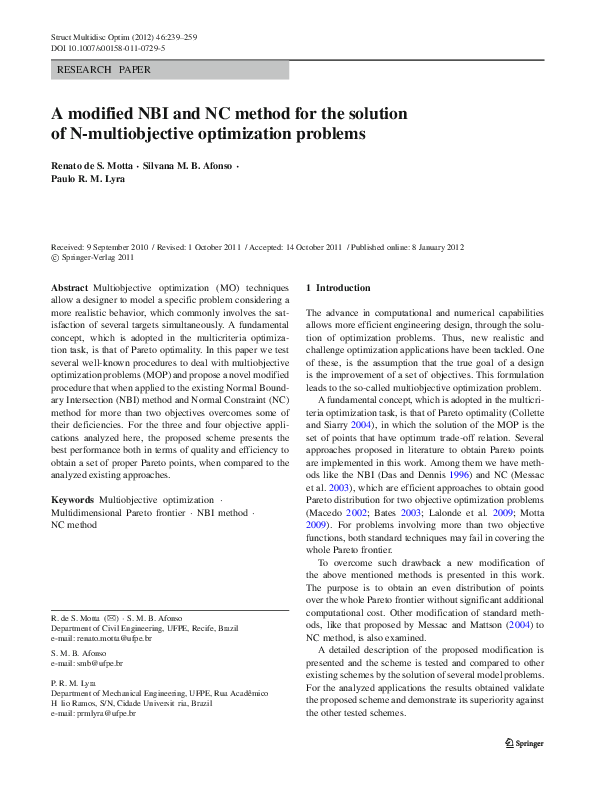 Pdf A Modified Nbi And Nc Method For The Solution Of N Multiobjective Optimization Problems