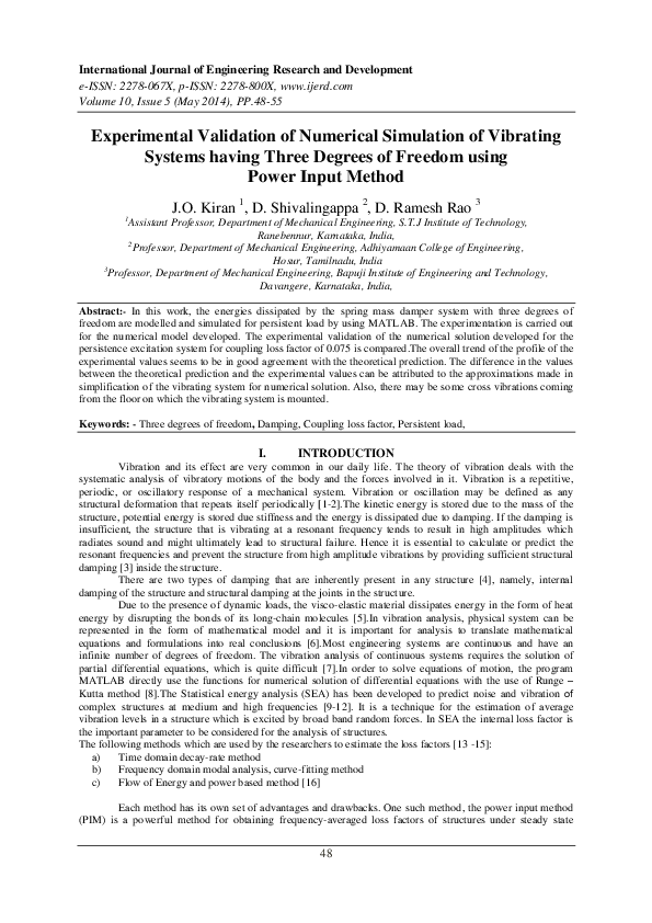 Pdf Experimental Validation Of Numerical Simulation Of Vibrating Systems Having Three Degrees