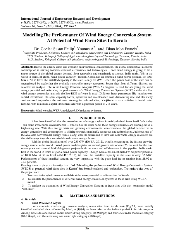 Pdf Modellingthe Performance Of Wind Energy Conversion System At Potential Wind Farm Sites In