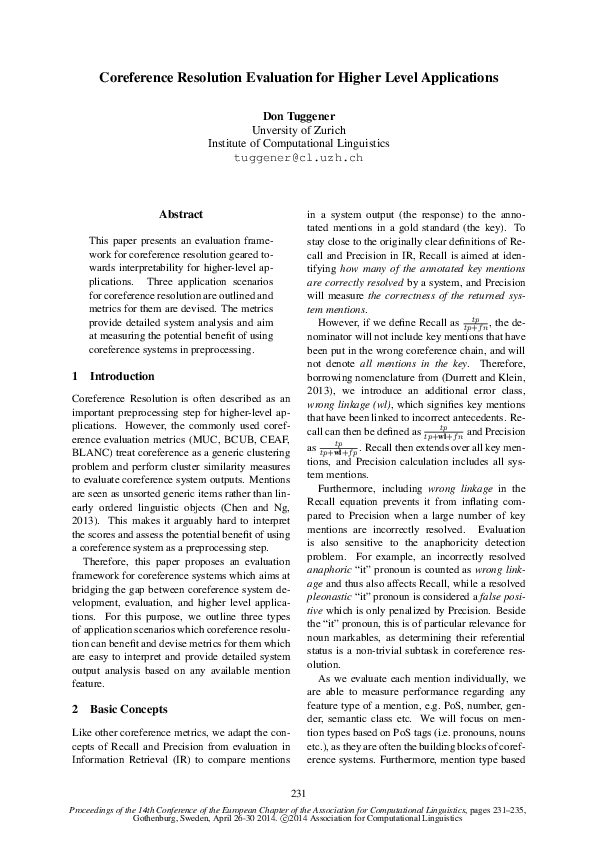 (PDF) Coreference Resolution Evaluation for Higher Level Applications