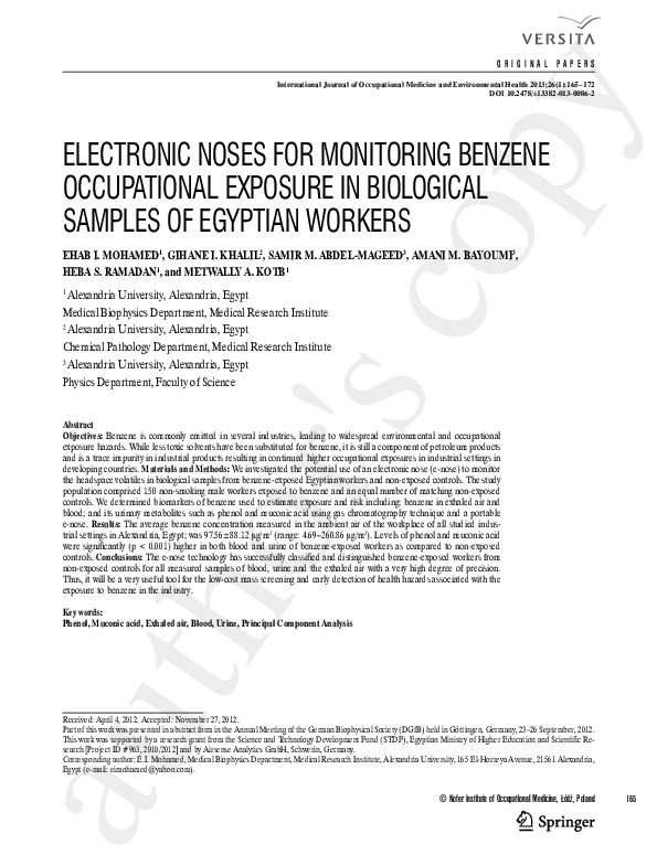 (PDF) Electronic noses for monitoring benzene occupational exposure in ...