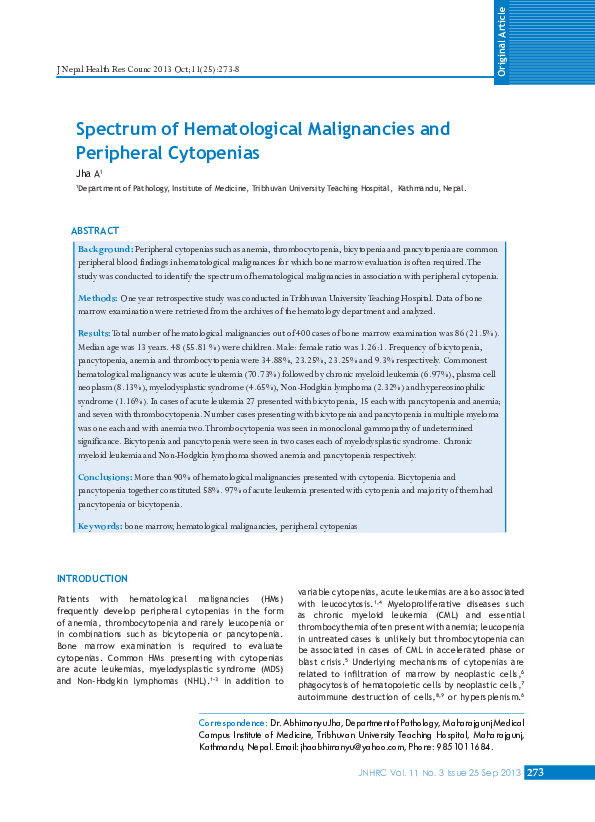 (PDF) Spectrum of Hematological Malignancies and Peripheral Cytopenias