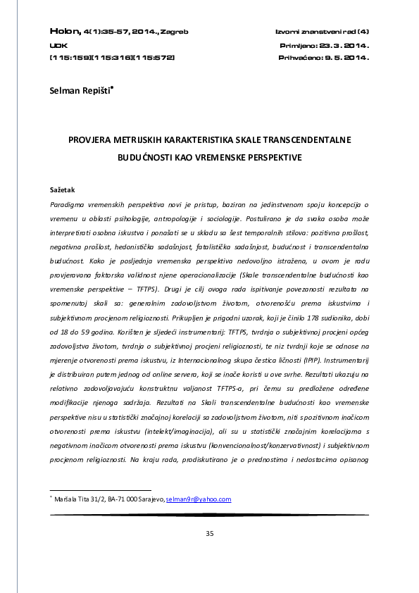 (PDF) PROVJERA METRIJSKIH KARAKTERISTIKA SKALE TRANSCENDENTALNE ...