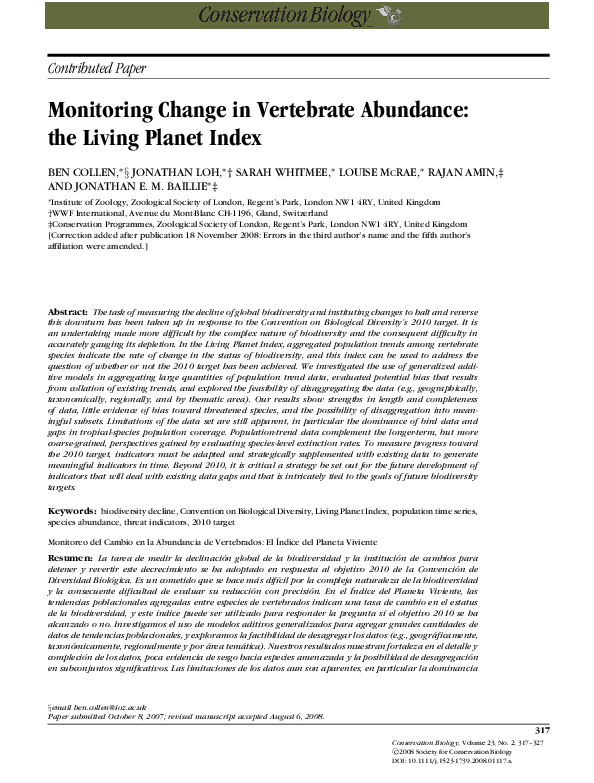 (PDF) Monitoring Change in Vertebrate Abundance: the Living Planet Index