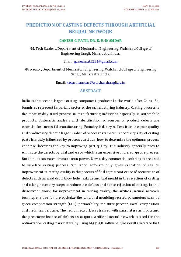 (PDF) PREDICTION OF CASTING DEFECTS THROUGH ARTIFICIAL NEURAL NETWORK