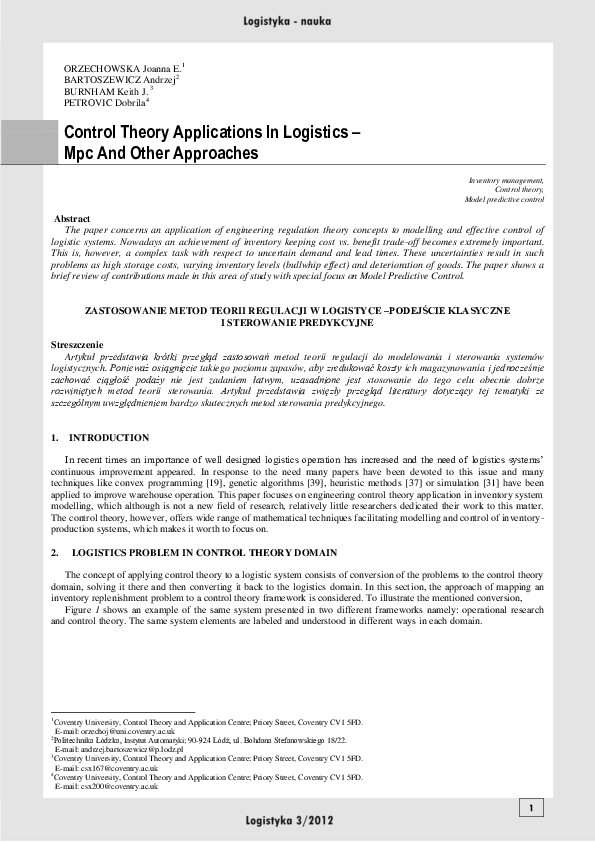 (PDF) Control Theory Applications in Logistics – Mpc and Other Approaches