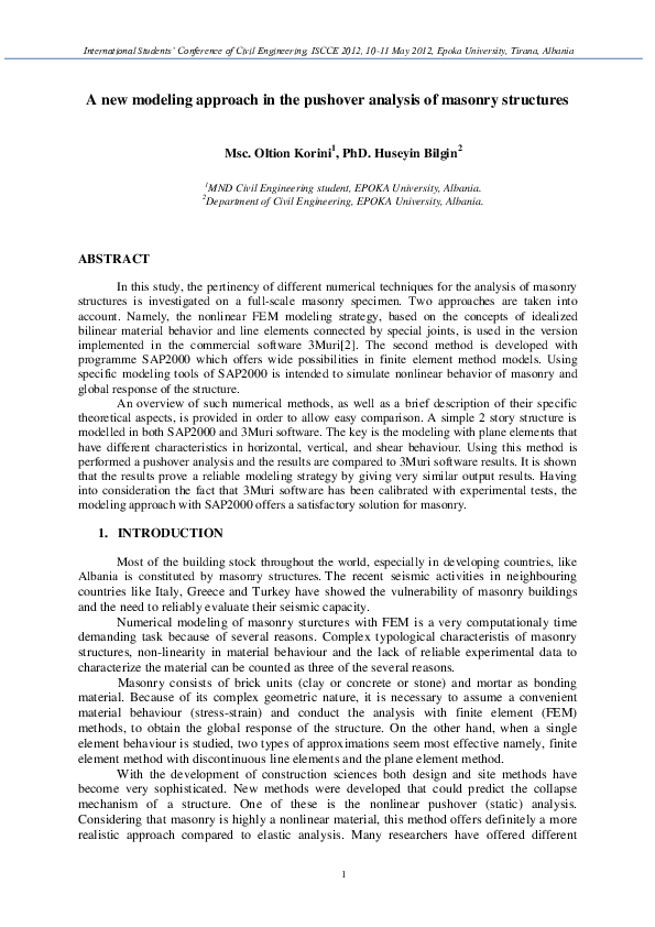 Pdf A New Modeling Approach In The Pushover Analysis Of Masonry Structures