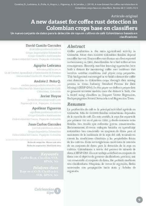 (PDF) A new dataset for coffee rust detection in Colombian crops base on classifiers