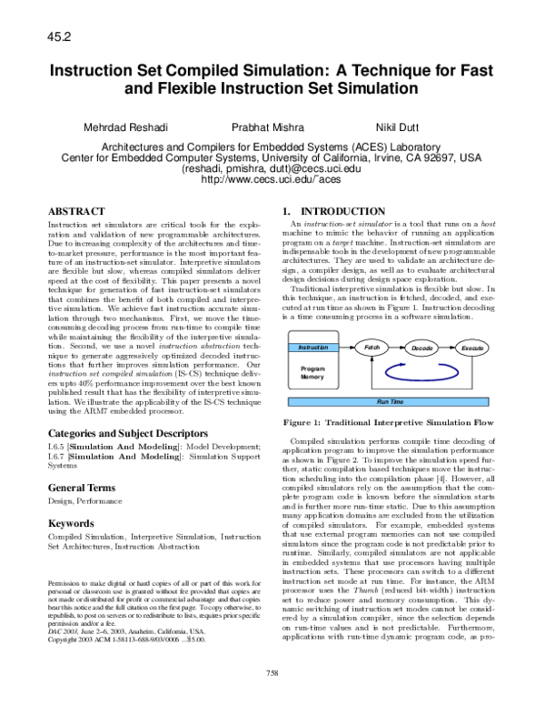 Pdf Instruction Set Compiled Simulation A Technique For Fast And