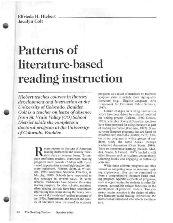 (PDF) Patterns of Literature-Based Reading Instruction