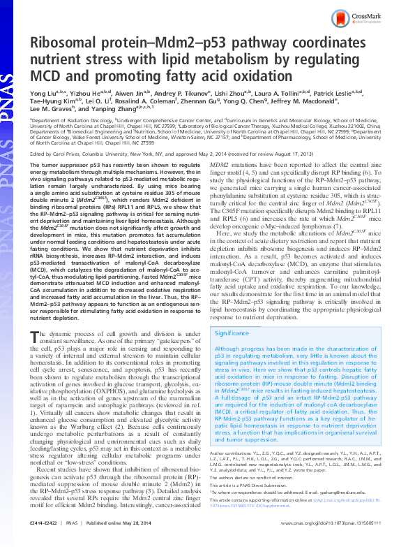 (PDF) Ribosomal protein-Mdm2-p53 pathway coordinates nutrient stress ...