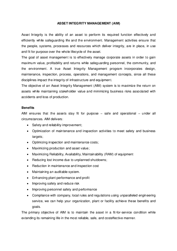 (DOC) ASSET INTEGRITY MANAGEMENT (AIM) Mechanical Integrity Services ...