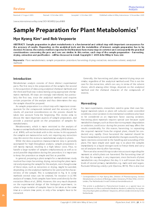 (PDF) Sample Preparation for Plant Metabolomics