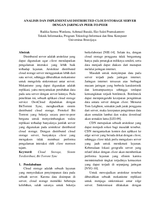 (PDF) ANALISIS DAN IMPLEMENTASI DISTRIBUTED CLOUD STORAGE SERVER DENGAN JARINGAN PEER-TO-PEER
