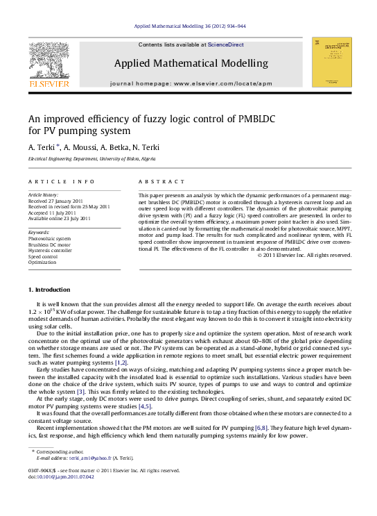 Pdf An Improved Efficiency Of Fuzzy Logic Control Of Pmbldc For Pv
