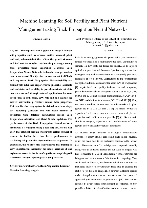 (DOC) Machine Learning for Soil Fertility and Plant Nutrient Management using Back Propagation ...