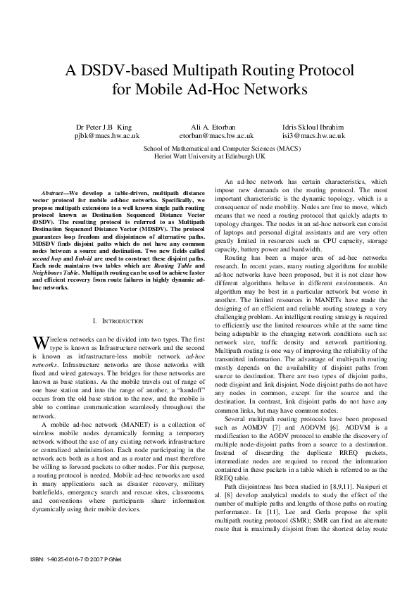 (PDF) A DSDV-based Multipath Routing Protocol for Mobile Ad-Hoc Networks