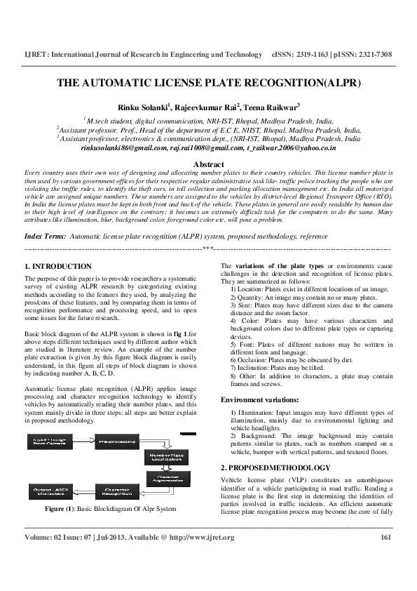 (PDF) THE AUTOMATIC LICENSE PLATE RECOGNITION(ALPR