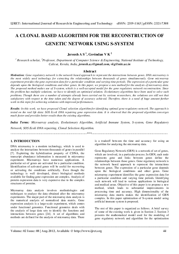 (PDF) A CLONAL BASED ALGORITHM FOR THE RECONSTRUCTION OF GENETIC NETWORK USING S-SYSTEM