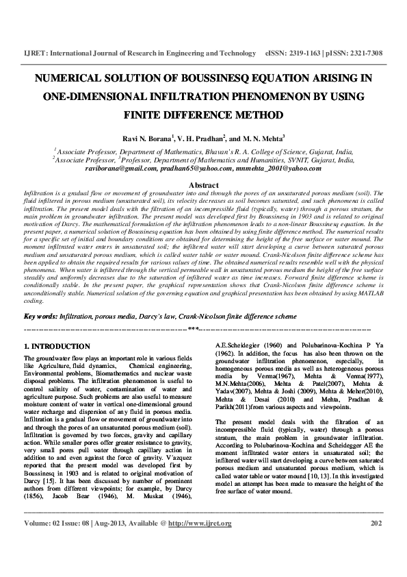 (PDF) NUMERICAL SOLUTION OF BOUSSINESQ EQUATION ARISING IN ONE-DIMENSIONAL INFILTRATION ...