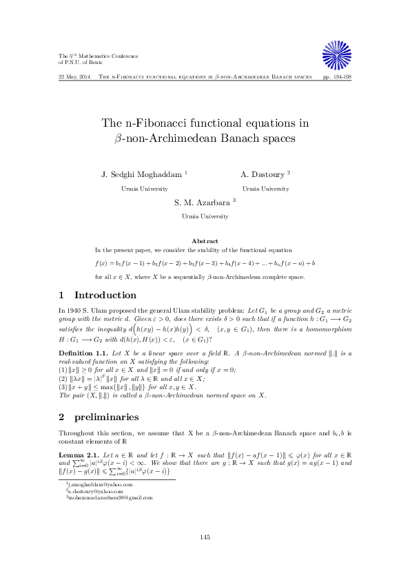 (PDF) The 5 th The n-Fibonacci functional equations in β-non-Archimedean Banach spaces